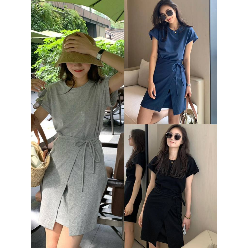 Y878 Melody Fashion Double Layer Self Belt Fold-up Sleeve Solid Dress ...