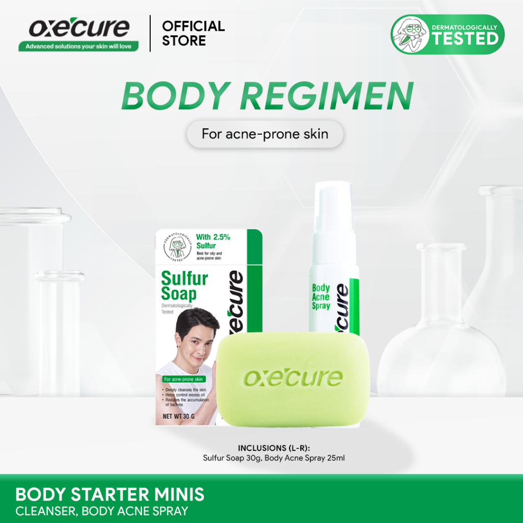 OXECURE Body Starter Minis (Sulfur Soap 30g, Body Acne Spray with 2% ...