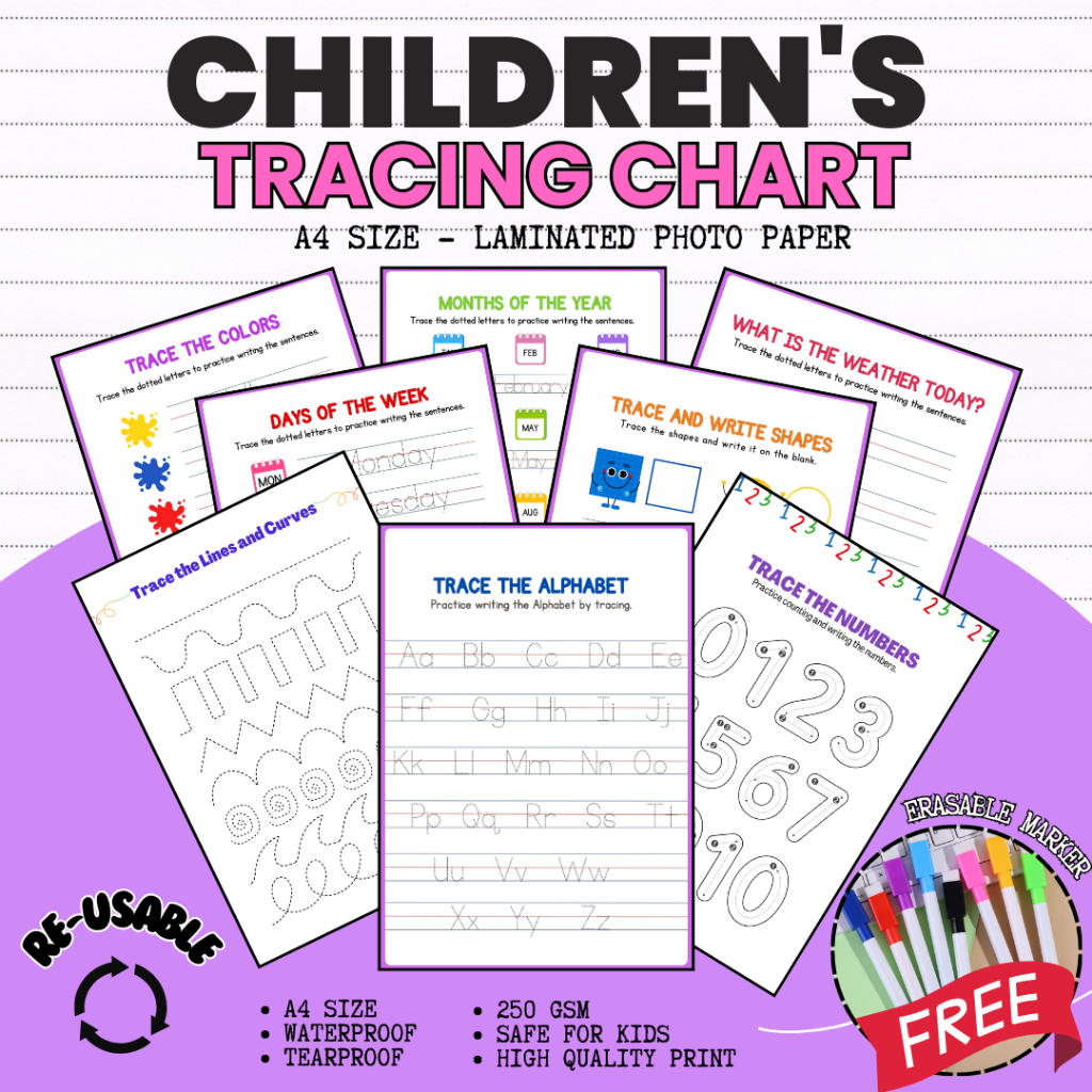 Re-usable Tracing Chart Laminated Kid's Learning Chart A4 Size - Free ...
