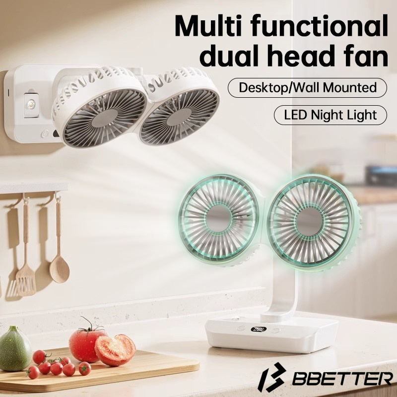 LED Display Dual Head Fan Oscillating 4000mAh Rechargeable Double ...