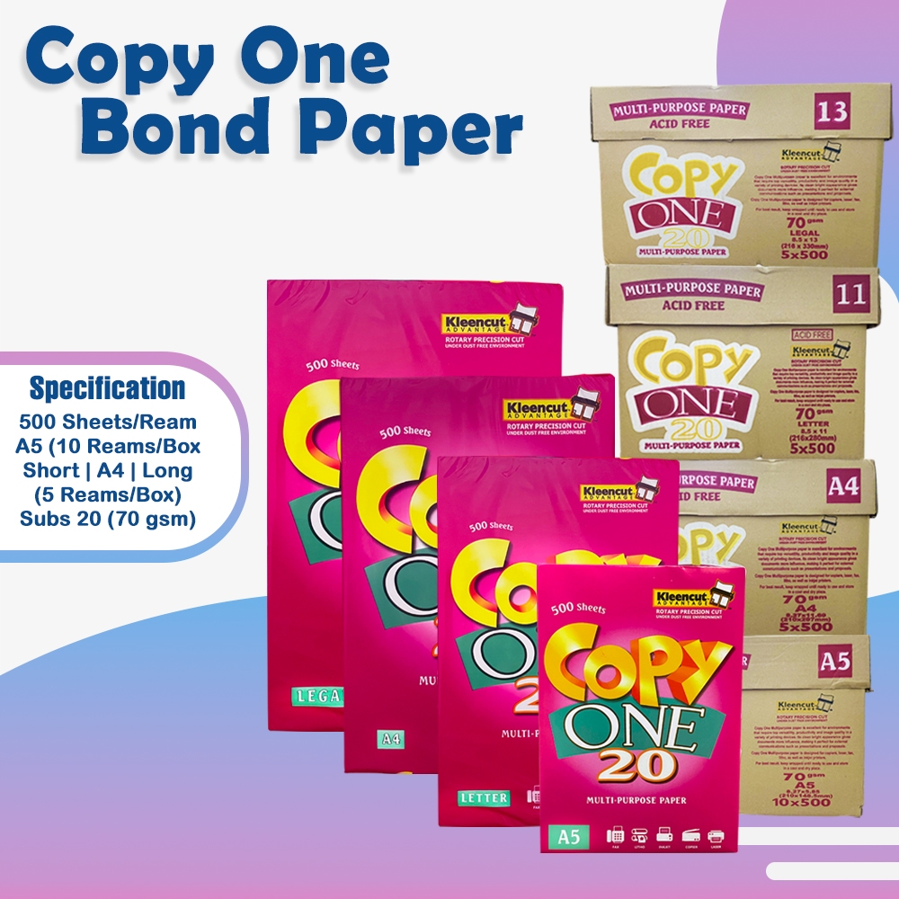 1Box Copy One Bond Paper 70gsm A5 - Short - A4 - Long Size | Shopee ...