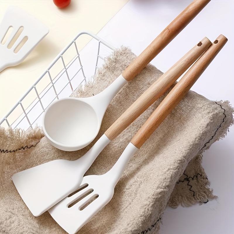 RH.3PCS Silicone Kitchenware Cooking Utensils Set Wooden Handle Non ...
