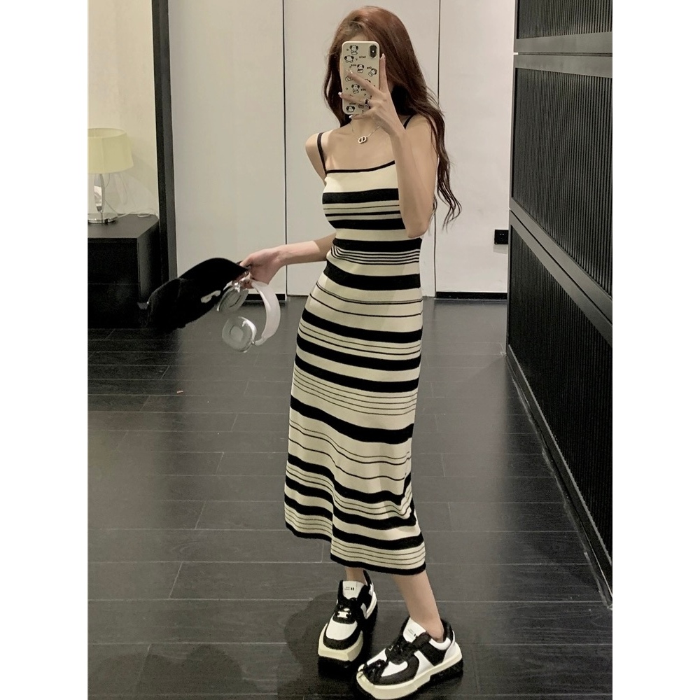 M1374 Miss M Stripe Pattern Simple Chic Knitted Cami Dress | Shopee ...