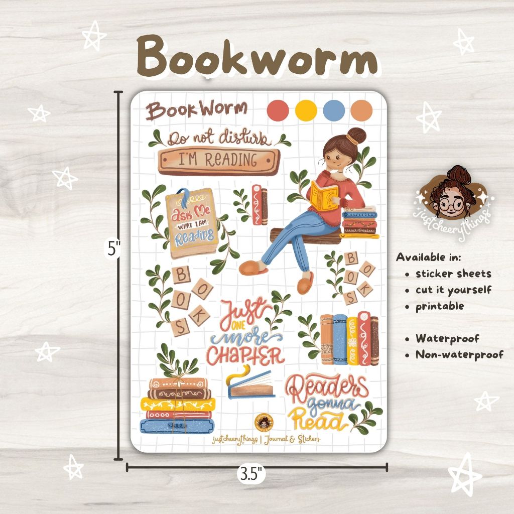Book Worm Bibliophiles Cute Kiss Cut Sticker Sheet 3.5 x 4.9" for ...