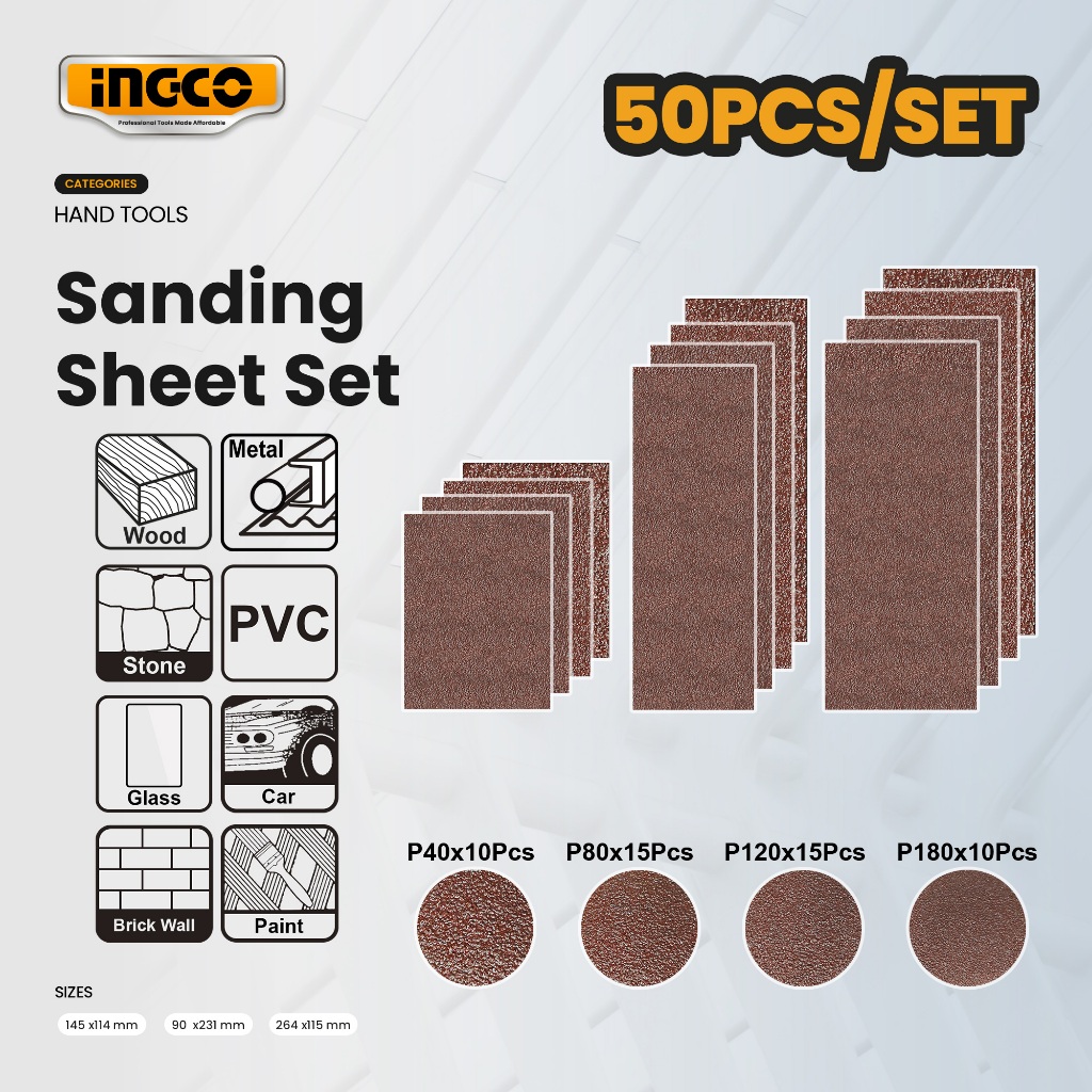 Ingco 50pcs/Set Sanding Sheet for Sanding Grinding Wood, Plastic and ...