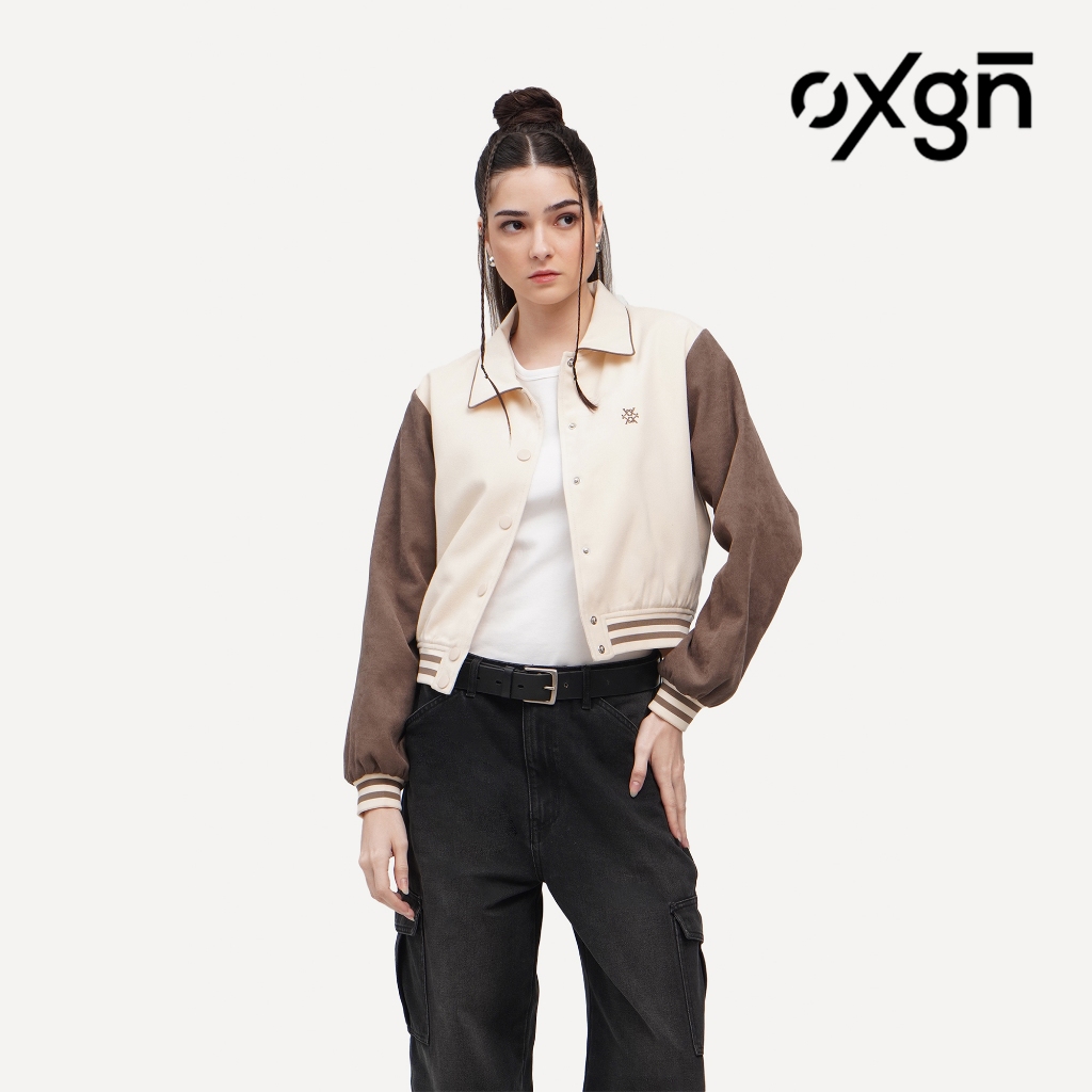 OXGN Collared Color Block Bomber Jacket For Women (Natural Cream ...