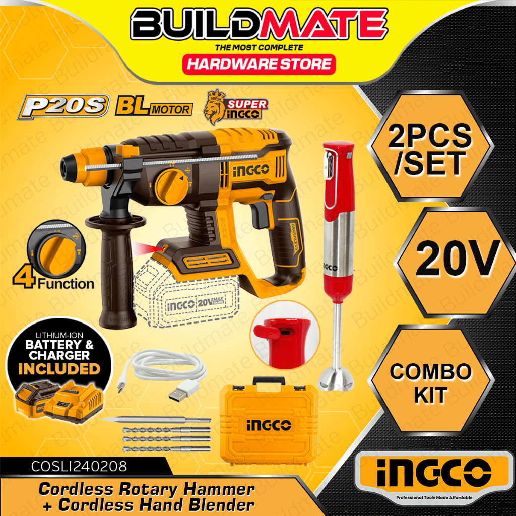BUILDMATE Ingco 2PCS Combo Kit Set 20V Cordless Rotary Hammer with Angle Grinder COSLI23080315 ...