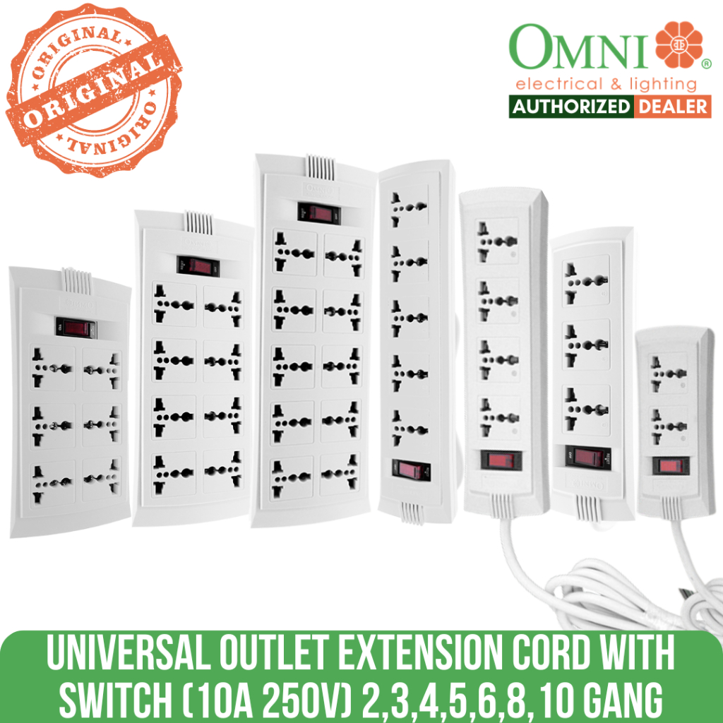 Omni Universal Outlet Extension Cord with Switch 2, 3, 4, 6, 8, 10 GANG ...