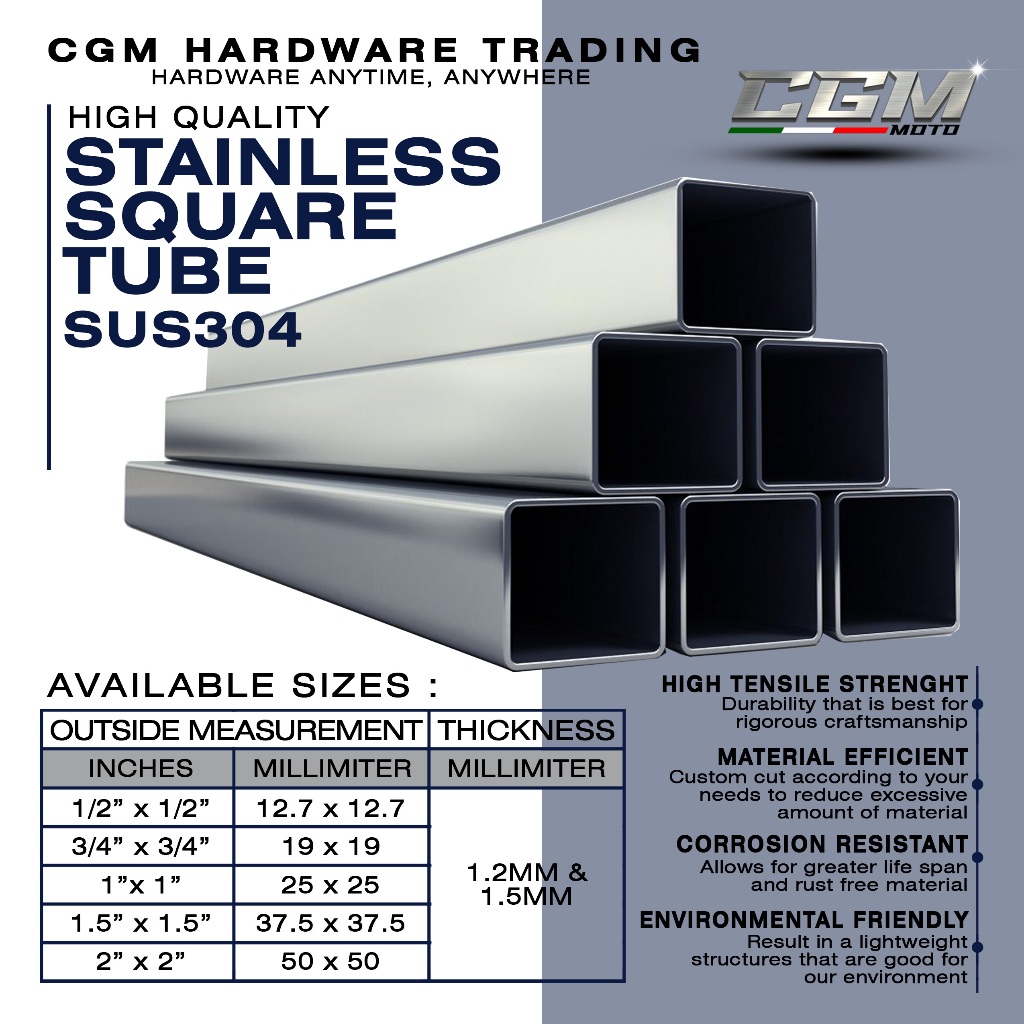 304 Stainless Square Tube (1/2" x 1/2", 3/4" x 3/4", 1" x 1", 1-1/2" x ...
