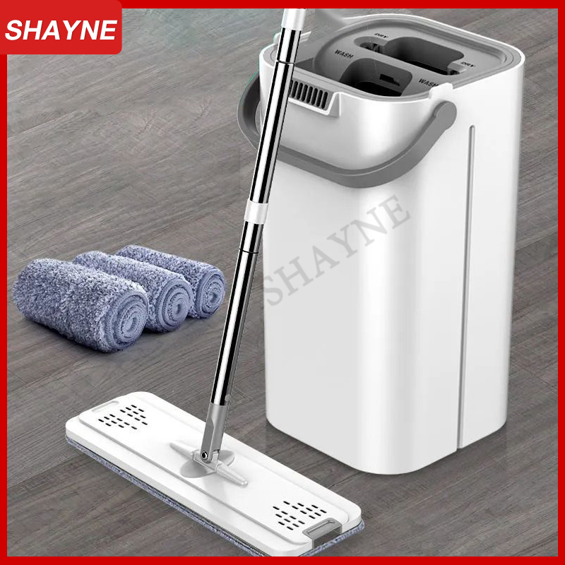 SHAYNE Flat Mop With Bucket Squeeze Dry Floor Mop 360 2in1 Spin Mop ...