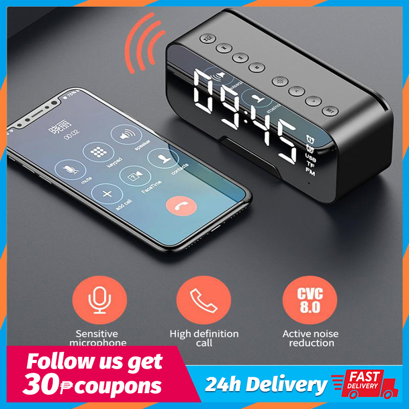 Alarm Clock Digital Bluetooth Speaker Rechargeable with Light Mirror Wireless LED Display FM ...