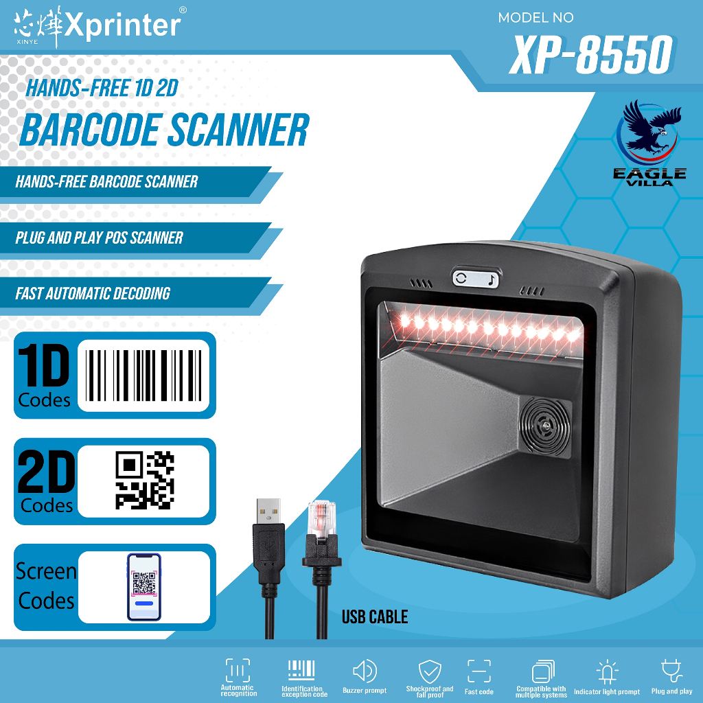 VP8550 2D Desktop Barcode Scanner, Omnidirectional Hands-Free Wired USB ...