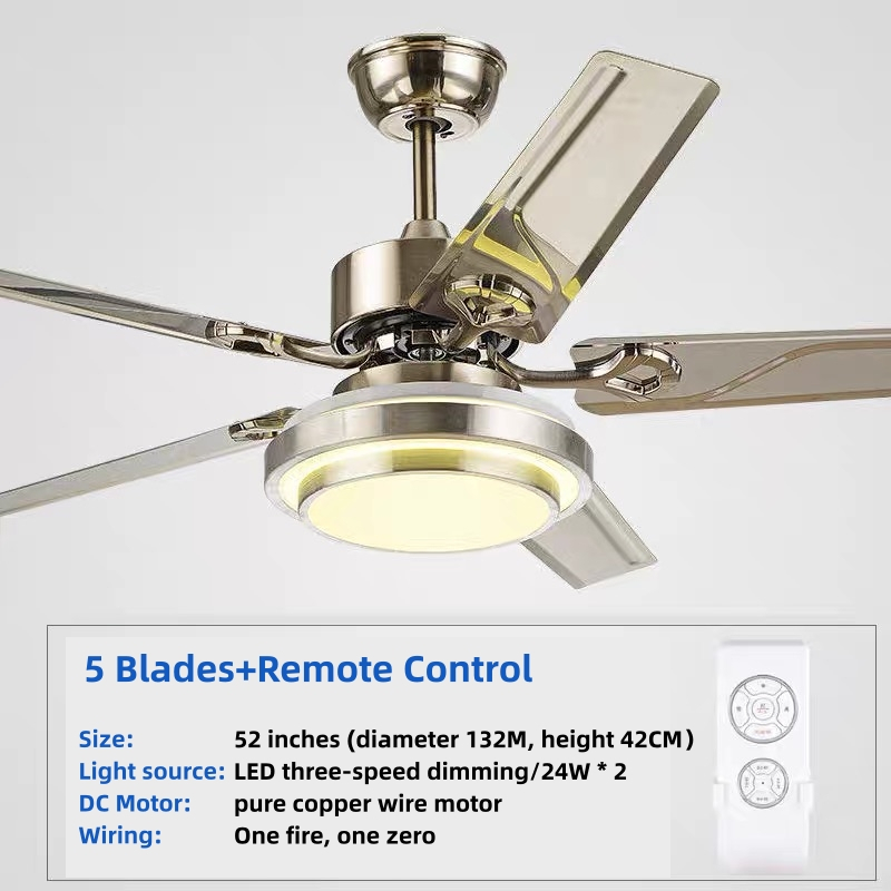 Stainless Steel Ceiling Fan With Light 3 Color 6 Speeds 5 Blades Big ...