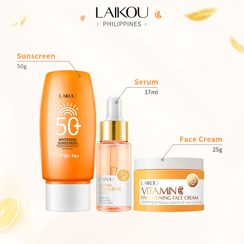 LAIKOU Whitening Set SPF50 Sunscreen Vitamin C Serum Cream VC Glowing ...
