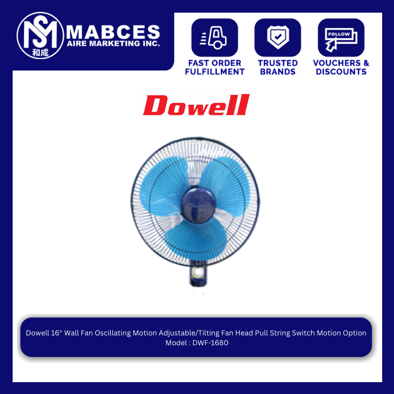 Dowell 16" Wall Fan Adjustable/tilting Fan head Oscillating motion 60 ...