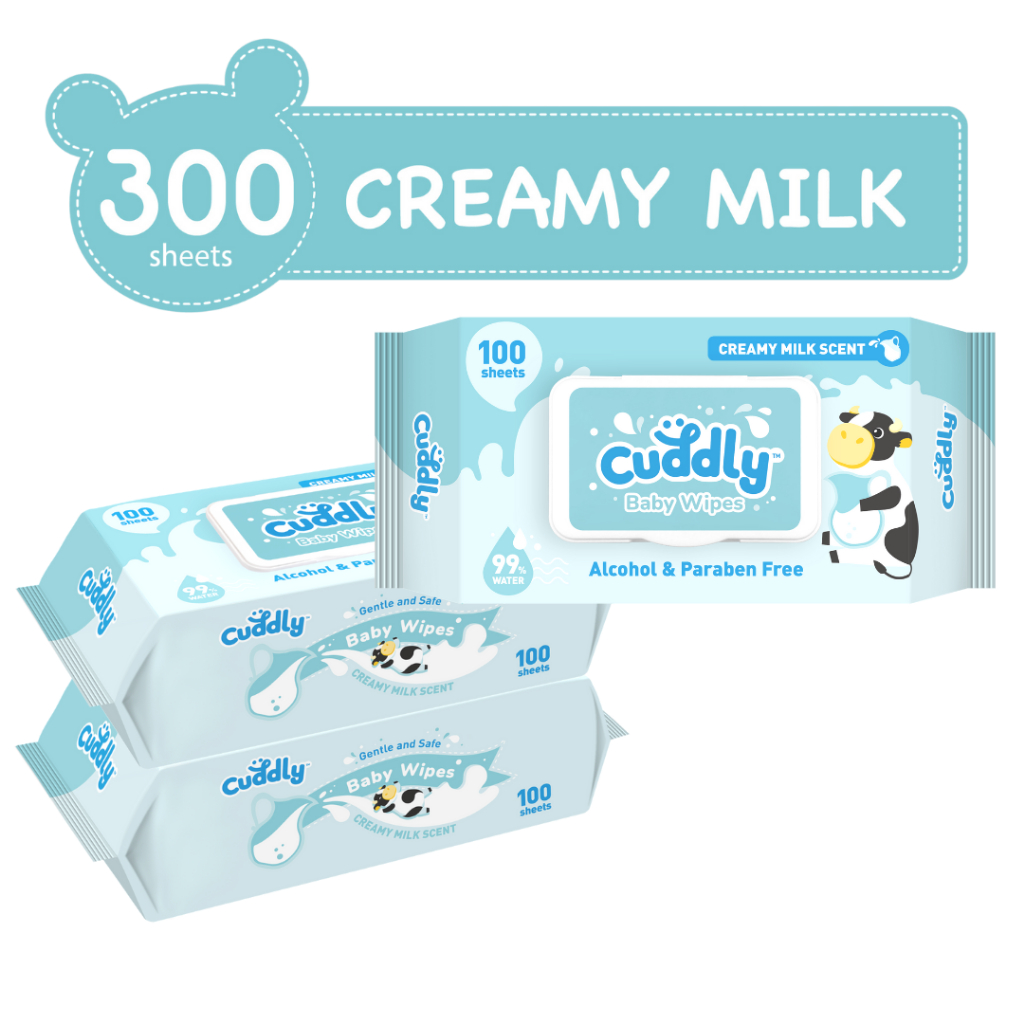 Cuddly Baby Wipes CREAMY MILK SCENT 100's Pack of 3 Bundle (300 Sheets ...
