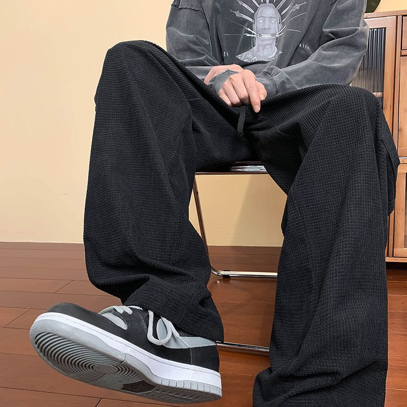 Waffle Cargo Pants For Men Korean Black Baggy pants Straight Cut Slacks ...