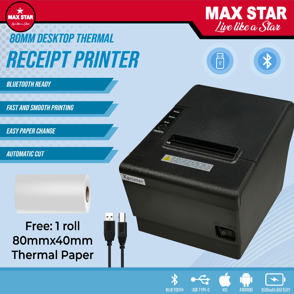max-star XP-B80H BLUETOOTH+USB 80mm Thermal Cash Receipt POS Printer ...