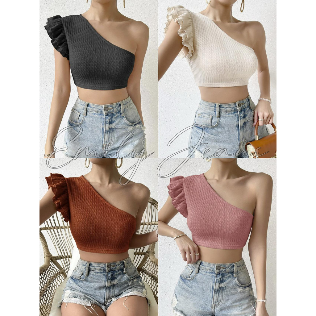 EMILY Prive One Shoulder Ruffle Trim Crop Top New Trend 10888 | Shopee Philippines