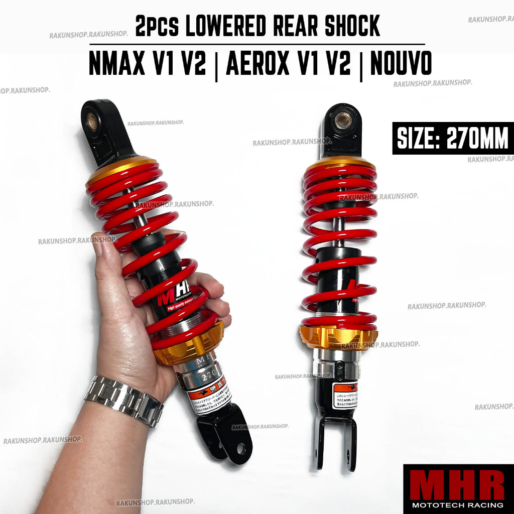 Aerox V1 V2 Nmax V1 V2 Nouvo MHR RED 2 pcs Set Rear Shock 270mm Lowered Style PLug and Play ...