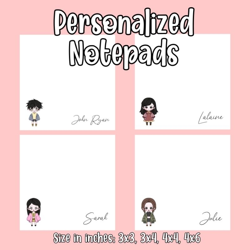 Personalized Memo Pads/ Notepads with Chibi and Name 3x3, 4x4 3x4, 6x4 ...