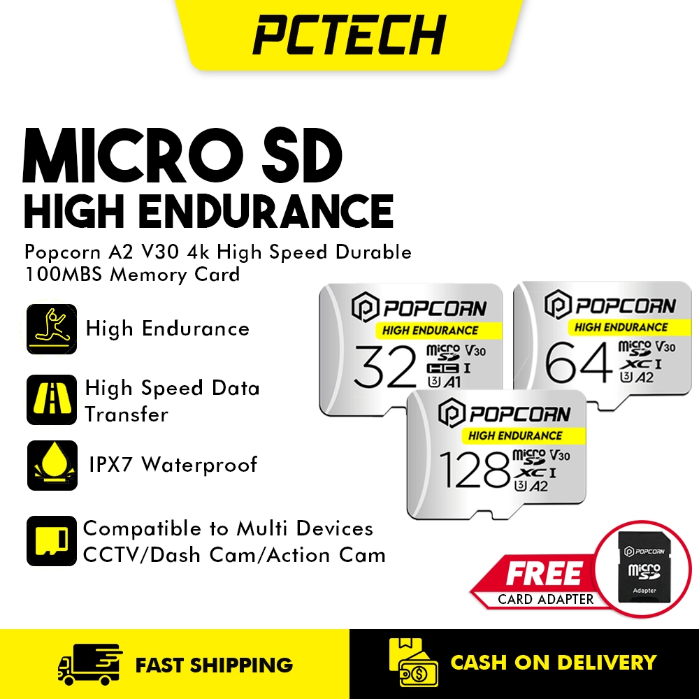 Popcorn 100MBS Long-Life Micro SD Card 128GB 64GB A2 V30 4k High Speed ...