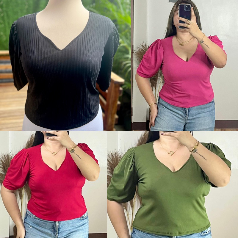 ELfille (RUBY) Plus Size - Medium to 4 XL puff shoulder vneck knitted blouse women top | Shopee ...