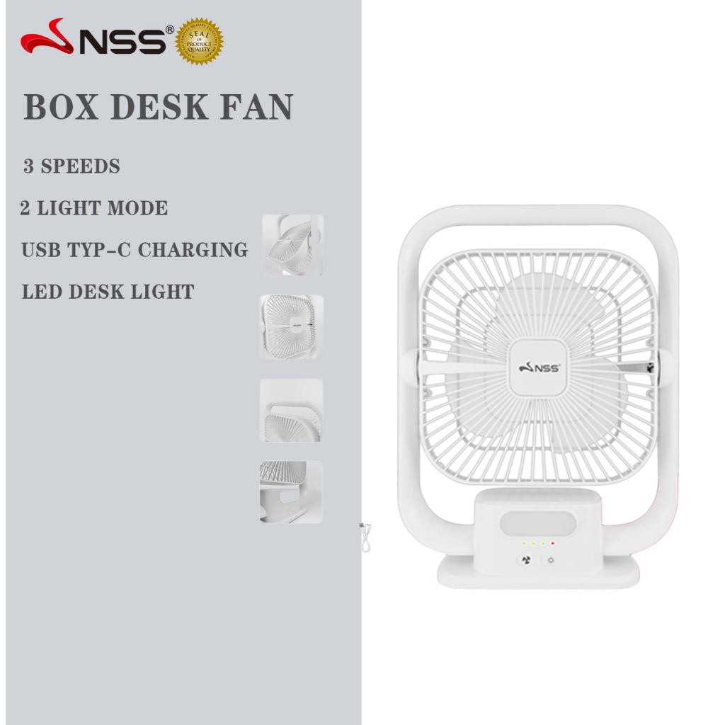 NSS 8inch Box Fan Rechargeable Fan Type-C USB Charging Fan LED Light ...