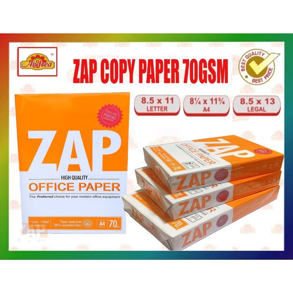 ZAP COPY PAPER 70gsm SHORT/A4/LONG | Andrea | Shopee Philippines