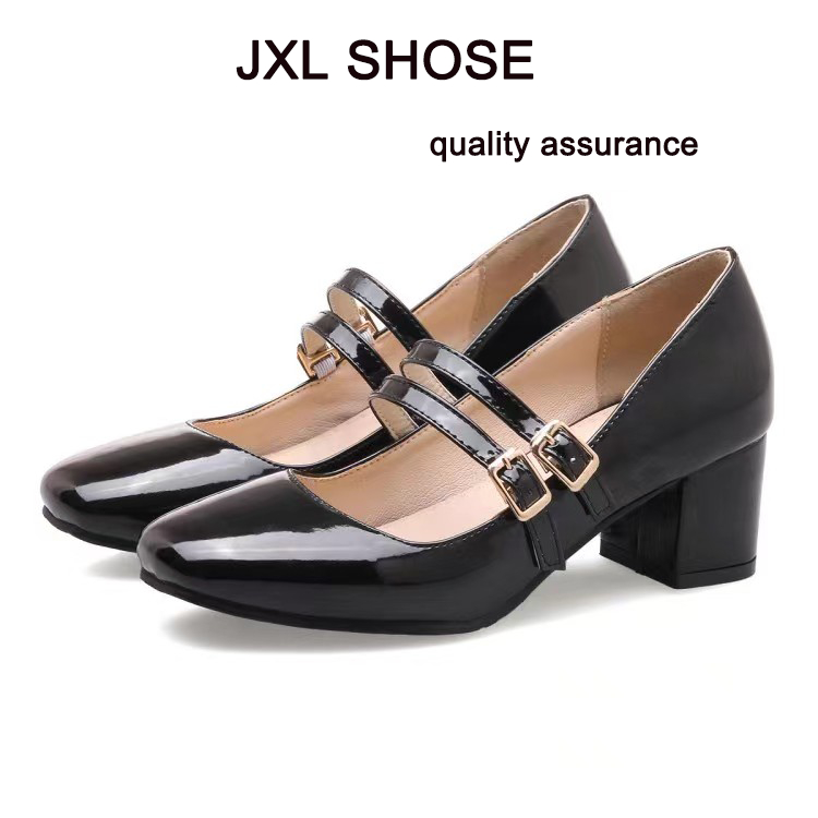 Women's Mid Heels New Vintage Style Patent Leather Thick Heels Double ...