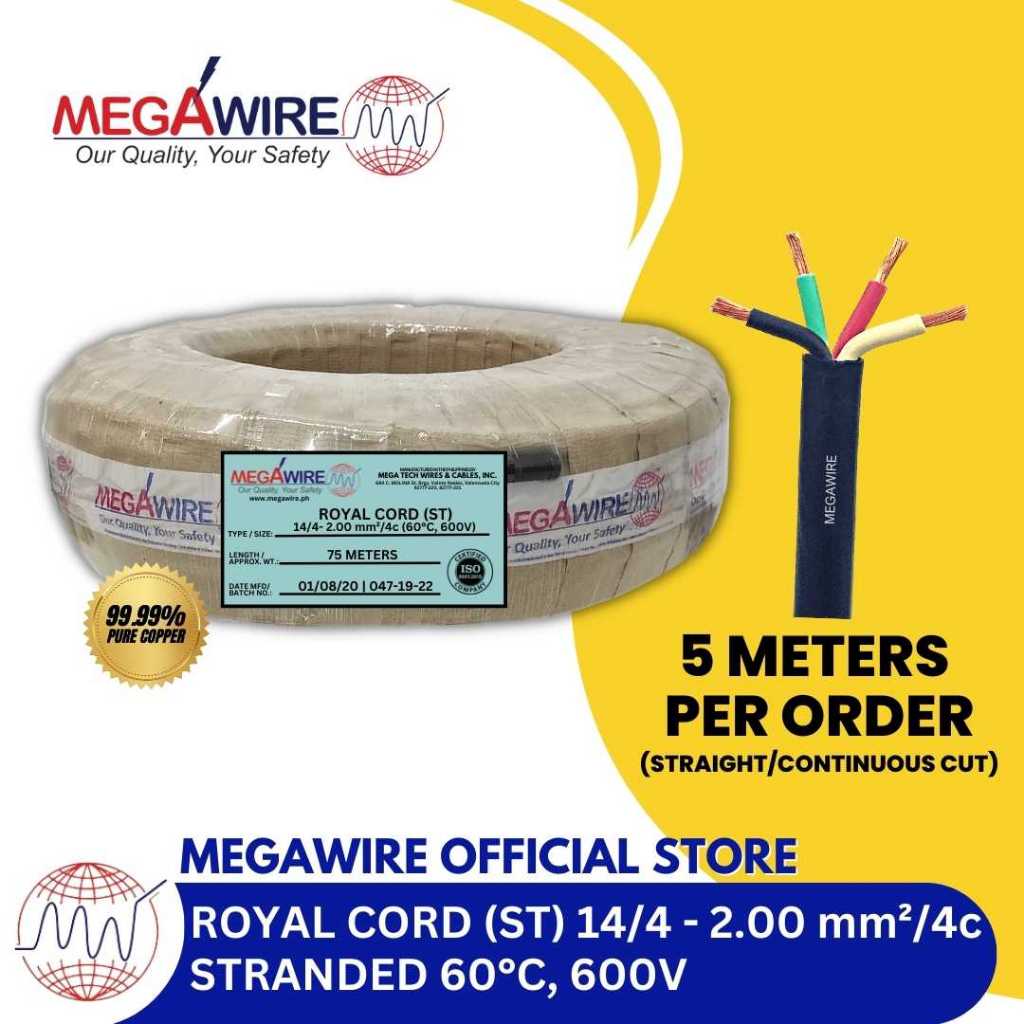 ROYAL CORD (ST) 14/4 - 2.00mm²/4c (5M) 60° 600V BLACK (5 METERS PER ORDER - STRAIGHT/CONTINUOUS ...