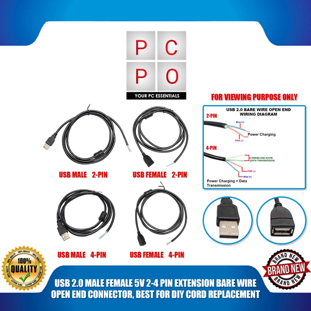 PC PO USB 2.0 MALE FEMALE 5V 2-4 PIN EXTENSION BARE WIRE OPEN END ...