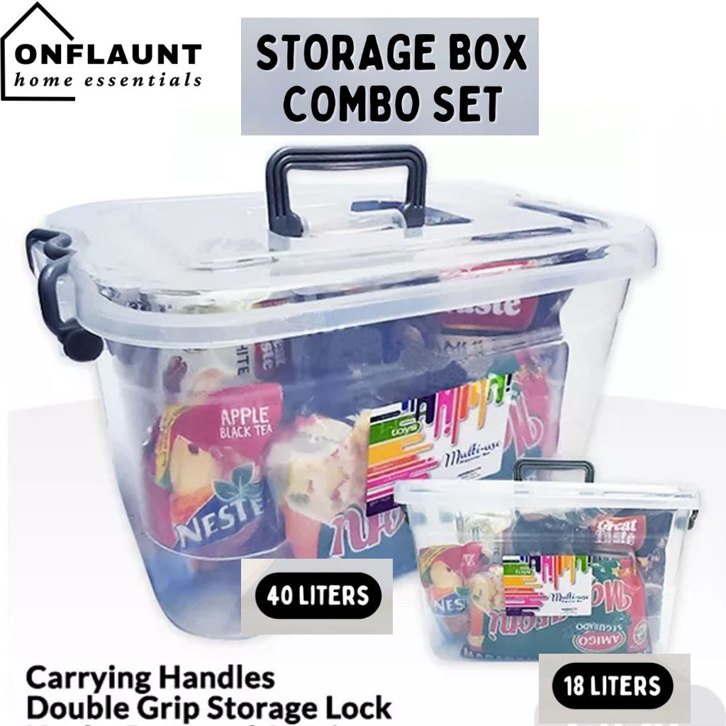 OnFlaunt 2pcs/Set 18L & 40L Storage Box Combo Set Plastic Clear Transparent Multipurpose Box ...
