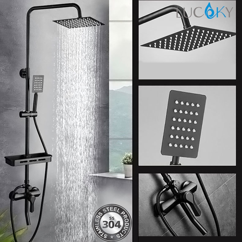 304 Stainless Steel Shower Head Black Rainfall Shower Faucet Set with ...