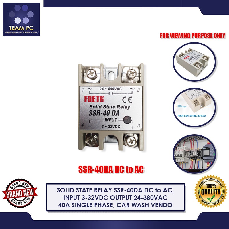 TEAM PC SOLID STATE RELAY SSR-40DA DC to AC, INPUT 3-32VDC OUTPUT 24-380VAC 40A SINGLE PHASE ...