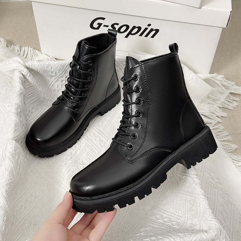 NEW Unisex Black Classic Short Boots Flat Pu Leather Lace Ankle Boots ...