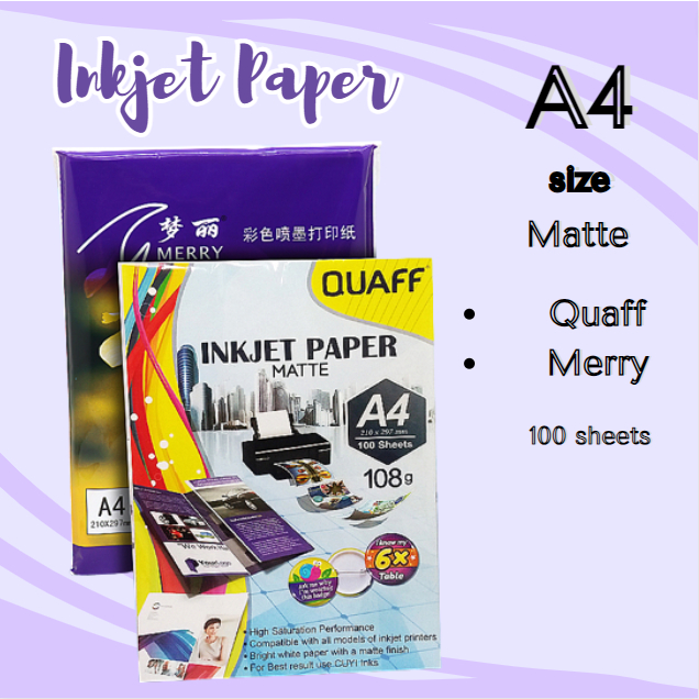 Quaff 108gsm Matte Inkjet Paper A4 Size & (100 Sheets Pack) | Shopee ...