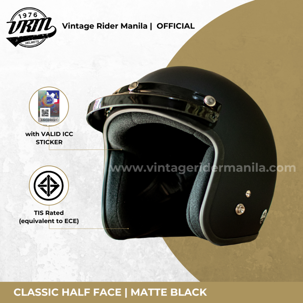 VRM 1976 Classic Matte Black Half Face Helmet | Shopee Philippines