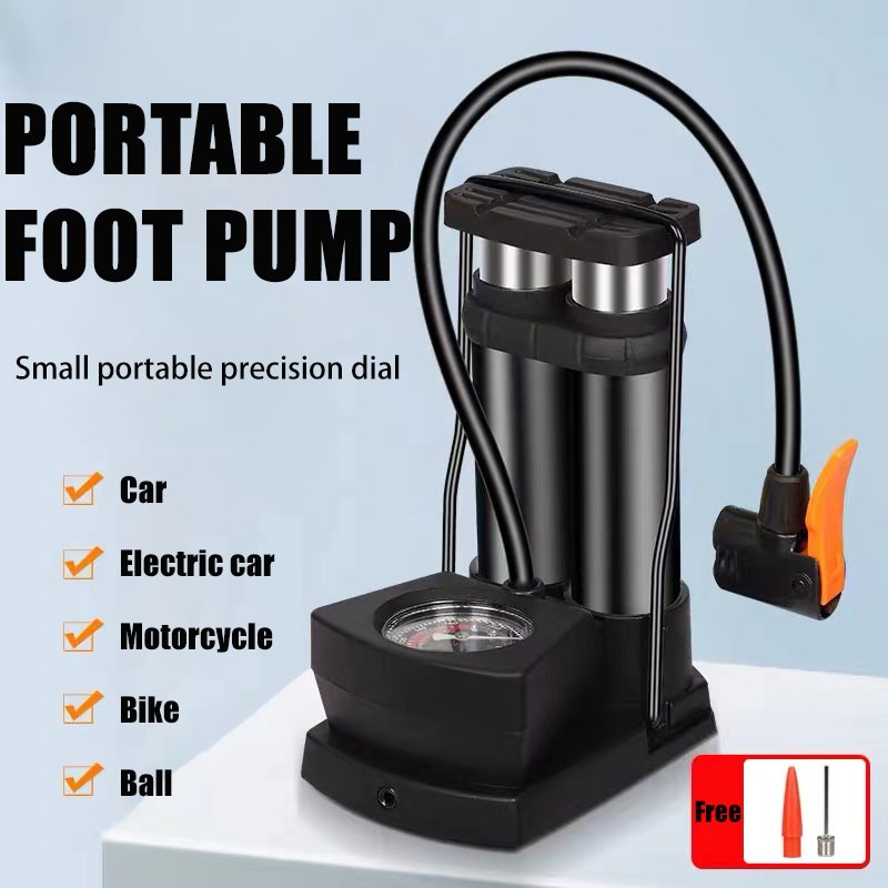 Portable Foot Pump High Pressure 140 psi Double Barrel Bike Floor Tire ...