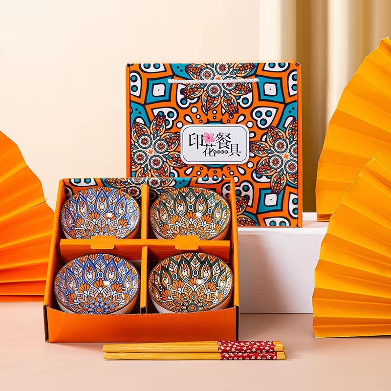 4PCS SET-Bohemian Ceramic Handicraft Bowl Set Kitchen Dinnerware Plate ...