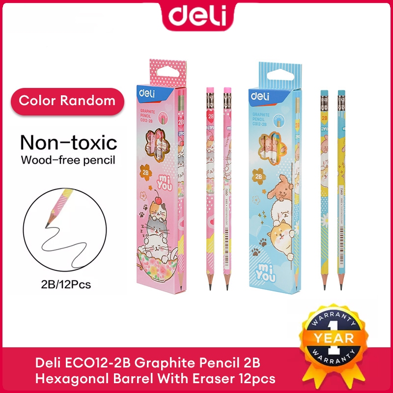 Deli 12PCS Graphite Pencil 2B φ2.4mm Pencils with Eraser Random Color ...
