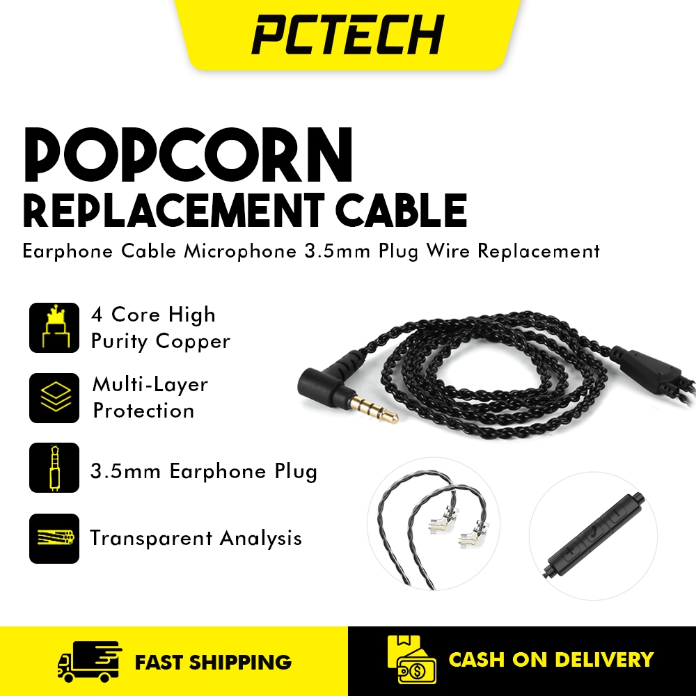 Popcorn Earphone Cable Microphone 3.5mm Plug Wire Replacement Upgrade ...