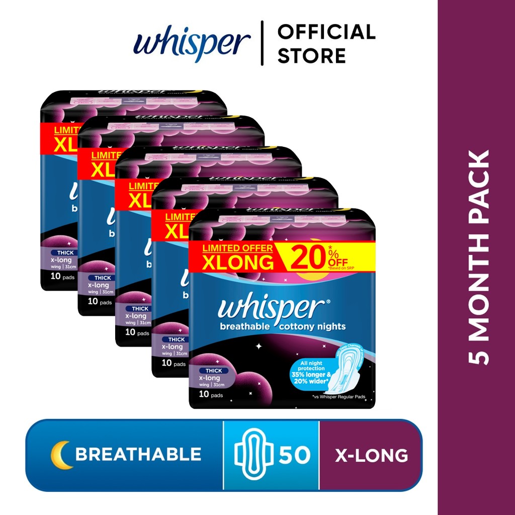 Whisper Breathable Cotton Overnight X-Long Sanitary Pads (50pcs ...