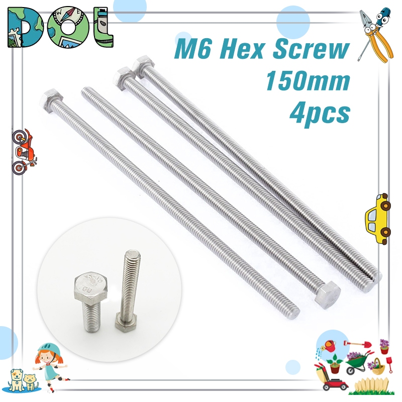 M6x150mm 4pcs Stainless Steel Hexagon Screws Full External Thread ...