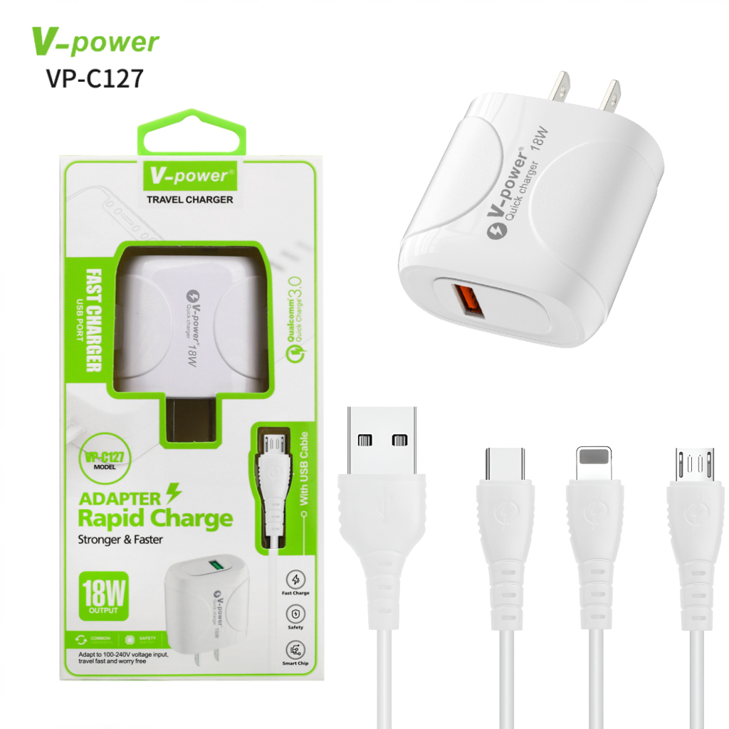 18watts Fast Charger V-power C127 1USB PORT QC3.0 w/ Charging Cable for ...