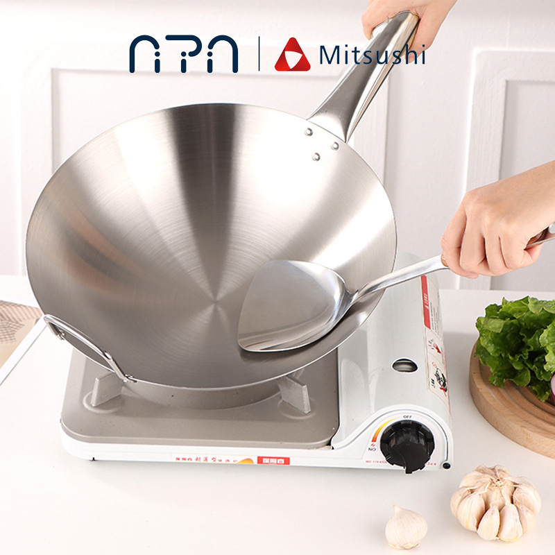 Nipiin Non Stick Frying Pan Kawali Stainless Steel Wok Pan Single Handle Non-Slip Large Wok ...