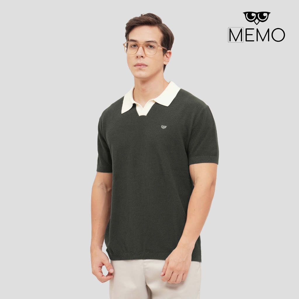 Memo Textured Flat Knit Polo With Contrast Collar For Men (Lake Green ...