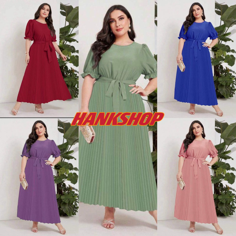 Plus Size Casual Puff Sleeve Dress Plain Pleated Green Blue Maroon Pink ...