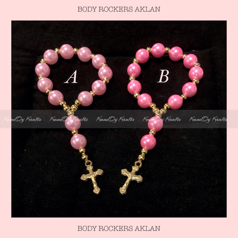 Mini Pocket Rosary **PINK PEARL-gold cross**[souvenirs][giveaways](8mm ...