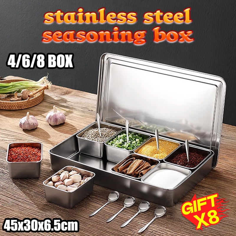 Free Spoons! 304 Stainless Steel Seasoning Box Container with Lid 4&6&8 ...